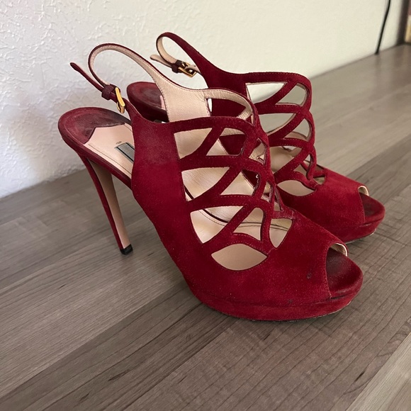 Prada | Shoes | Prada Burgundy Red Suede Caged Sling Back Platform Peep ...